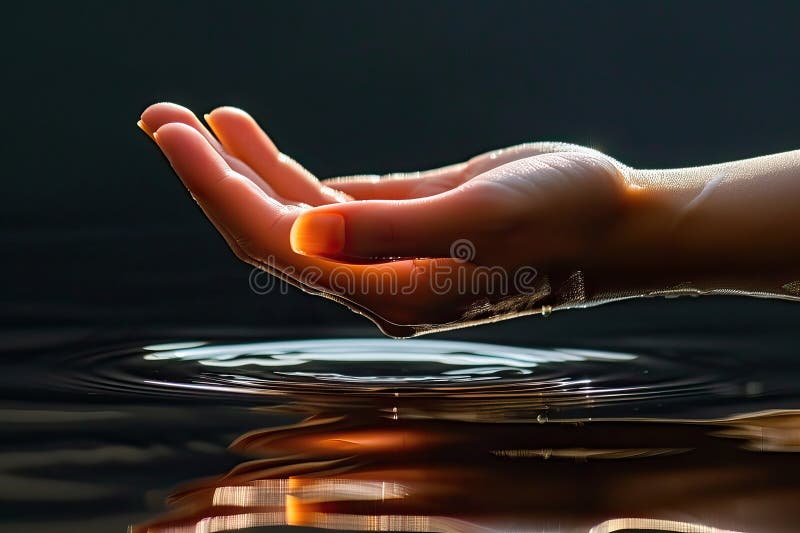 Hand Gently Touching Water Surface, Creating Ripples, with Dark ...