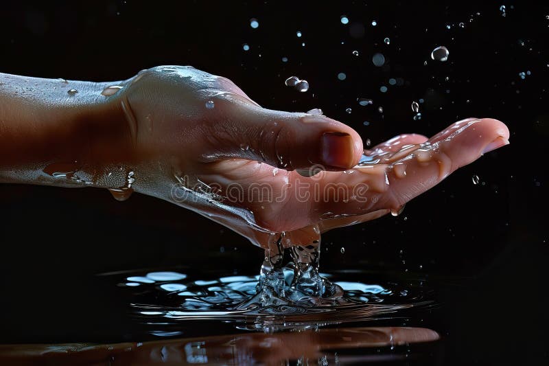 Hand Gently Touching Water Surface, Creating Ripples, with Dark ...