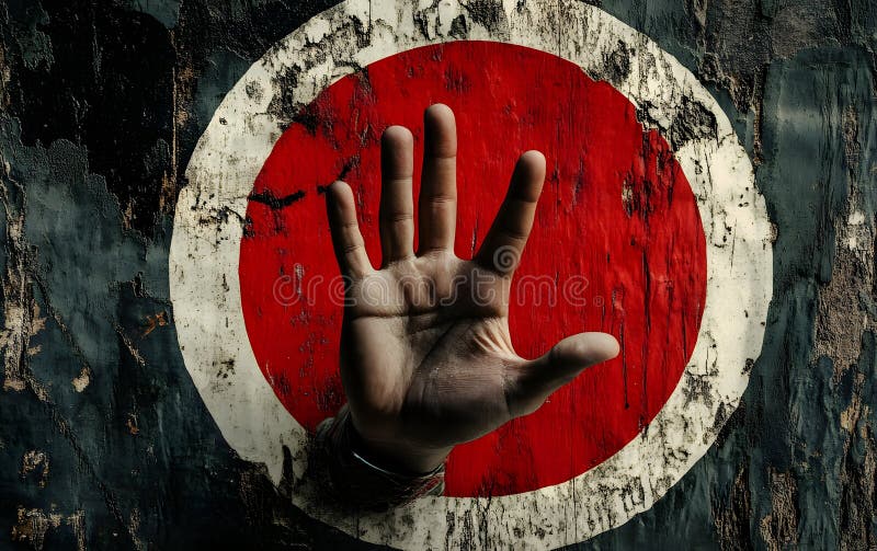 Hand Gesture Against a Circular Red Symbol on a Weathered Background ...