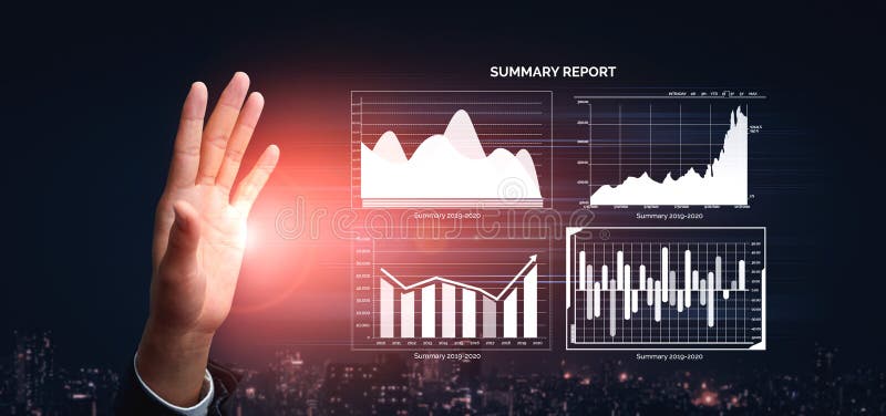 Hand Gesture Featuring Data Visualization with Summary Report Graphics Modern Business Analysis ...