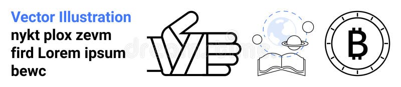 Hand Gesture, Open Book with Global Elements, and Bitcoin Symbol in ...