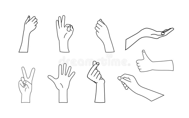 Hand Gestures Contour Outline Set Vector Illustration Isolated on White ...