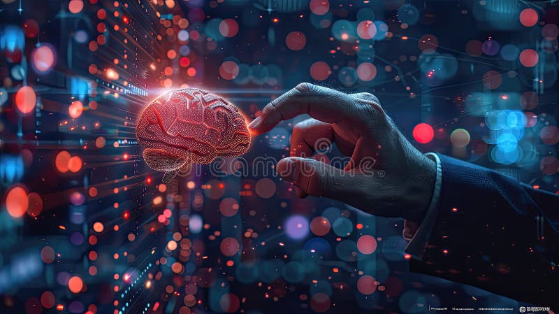 Hand Gestures Indicating a Glowing Brain Amidst Digital Surroundings ...