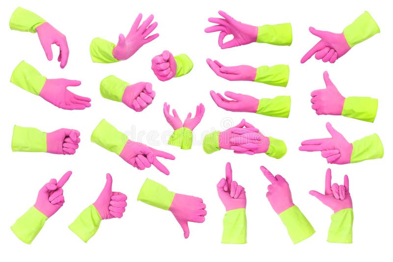 Hand Gestures in Purple/green Rubber Glove Isolated Stock Image - Image ...
