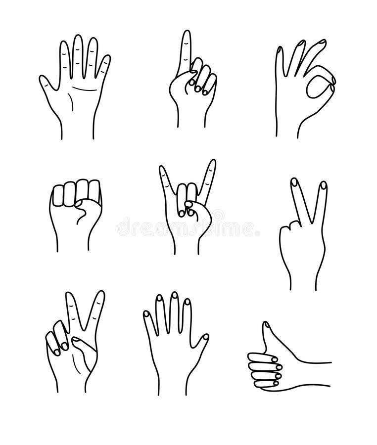 Hand Gestures, Vector Illustration Set of Icons of Various Hand Signs ...