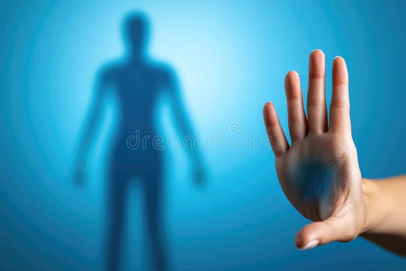 Hand Gesturing Stop in Front of Human Shadow on Blue Background Stock ...