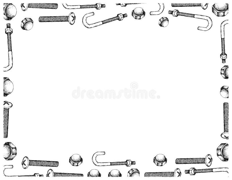 Hand Getrokken Schetskader Van Schroeven En Noten Stock Illustratie ...