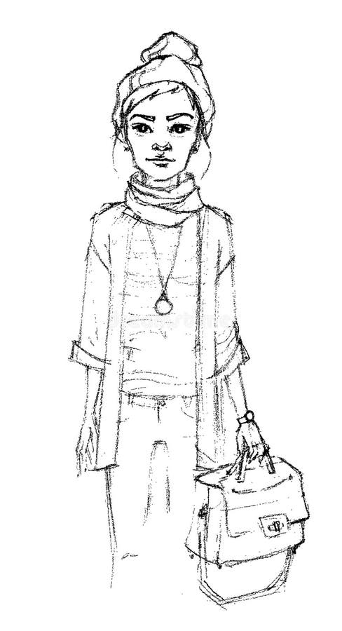 Hand Gezeichnete Illustration Mit Mädchen Skizze Vektor Abbildung ...