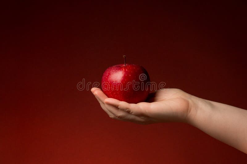 A Hand Giving an Apple on a Christmas Red Background. C Stock Photo ...