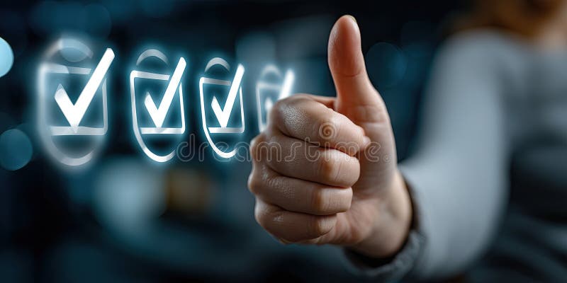 Hand Giving Thumbs Up with Digital Check Marks, Approval and ...