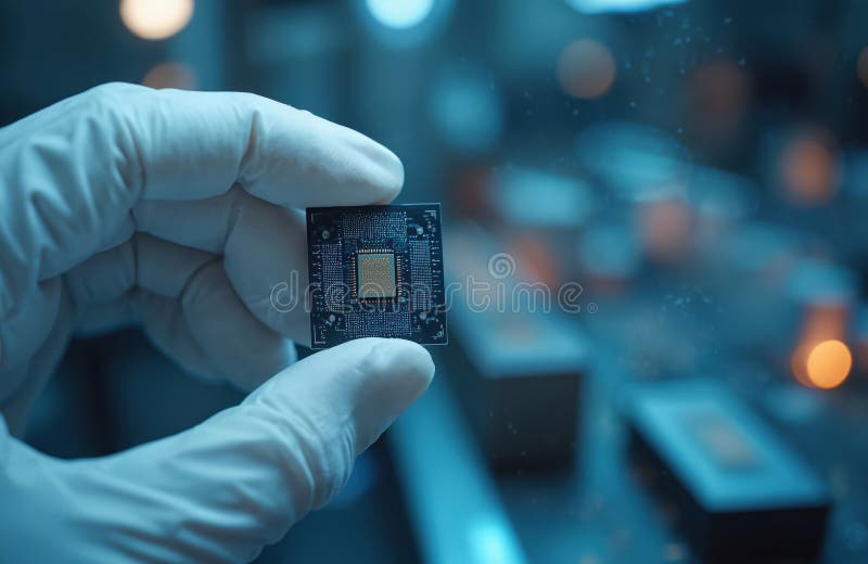 Hand in Glove Holding Computer Microchip. Modern Tech Innovation ...