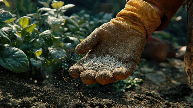 Hand in Glove Scattering Fertilizer Over Soil Stock Illustration ...