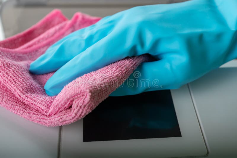 Hand in Glove Wipes Dust from a Printer with a Rag Stock Photo - Image ...