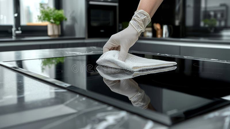 A Hand with a Glove Wiping a Kitchen Countertop Stock Image - Image of ...
