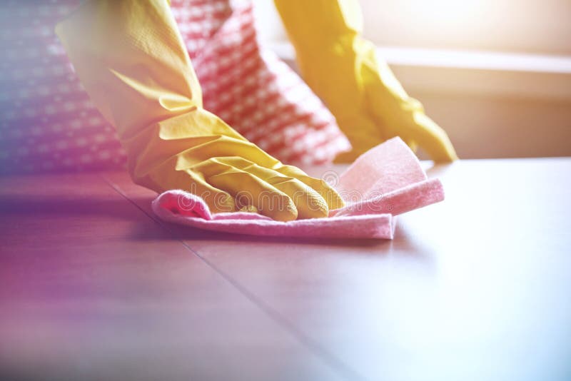 Hand in Gloves Cleaning Table Stock Image - Image of detergent ...