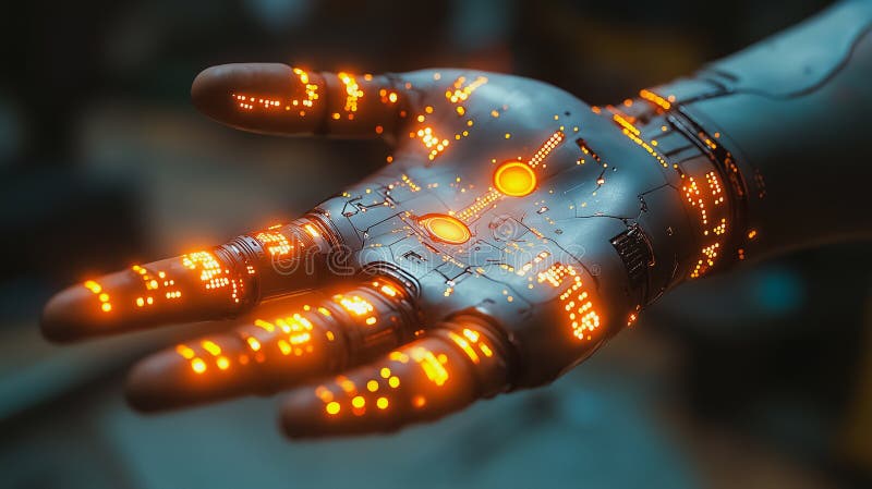 A Hand with Glowing Digits is Shown in a Futuristic Setting. Concept of ...