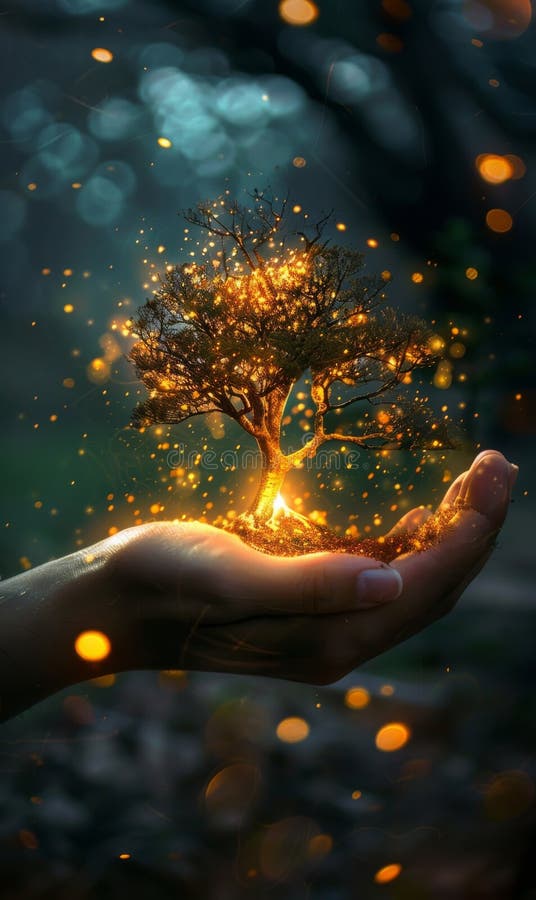 Hand with Glowing Magical Tree, Environment Concept Stock Illustration ...
