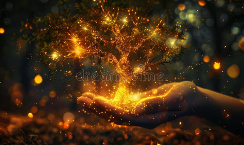 Hand with Glowing Magical Tree, Environment Concept Stock Illustration ...