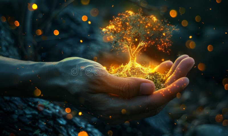Hand with Glowing Magical Tree, Environment Concept Stock Illustration ...