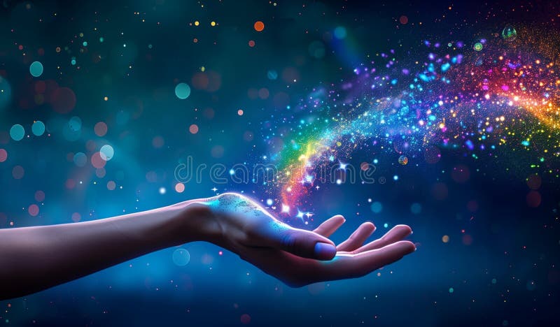 Hand with Glowing Rainbow Energy and Colorful Particles on a Dark Blue ...