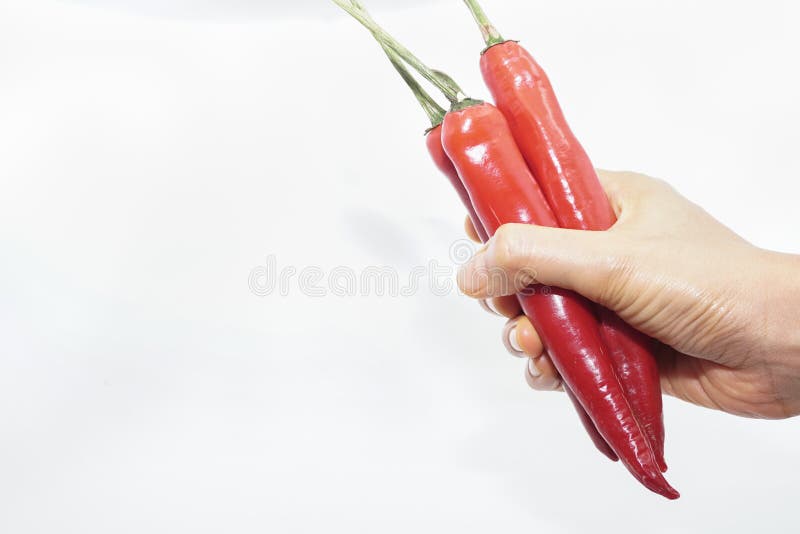 Hand Grab Red Hot Chili Peppers on White Background with Space for Text ...