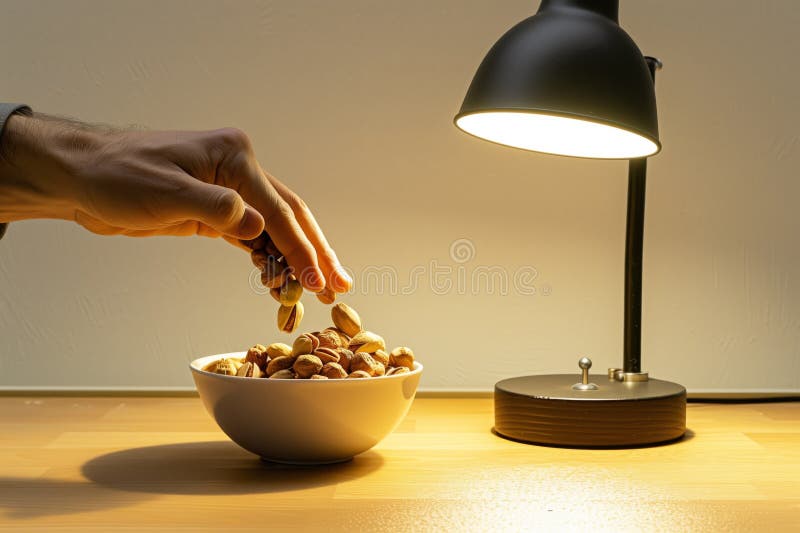 Hand Grabbing Nuts from a Snack Bowl by a Desk Lamp Stock Photo - Image ...