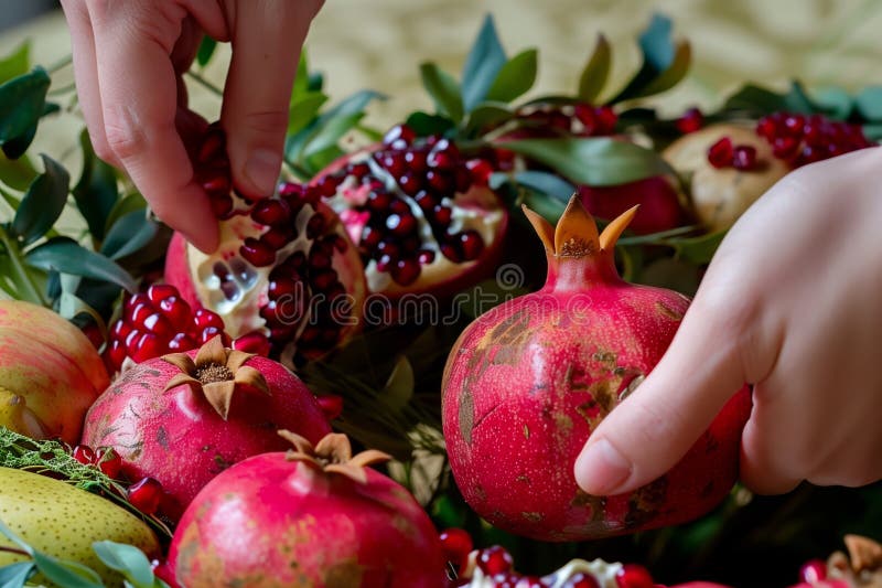 Hand Grabbing a Pomegranate from a Decorative Fruit Arrangement Stock ...