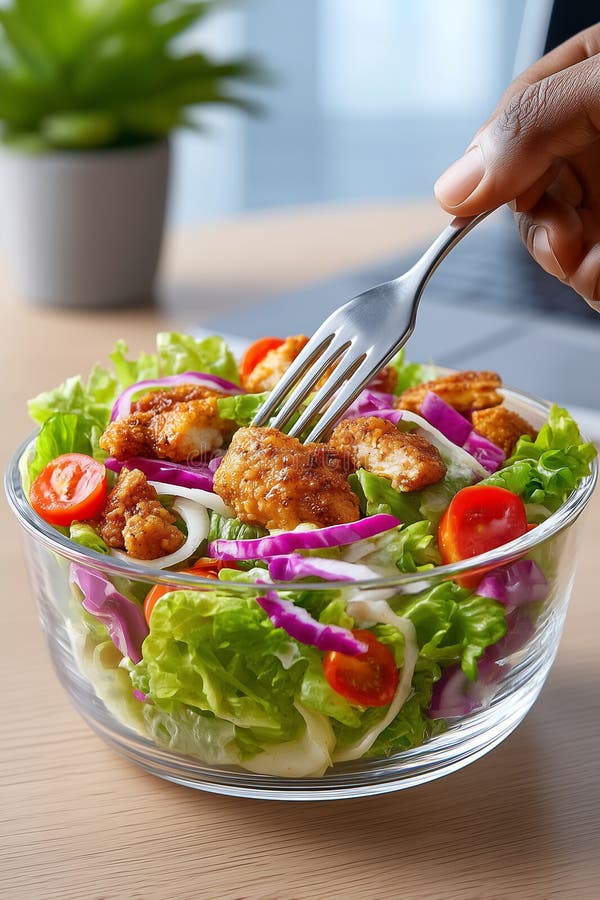 Hand Grabs Fork with Crispy Chicken Salad in Clear Container on Office ...