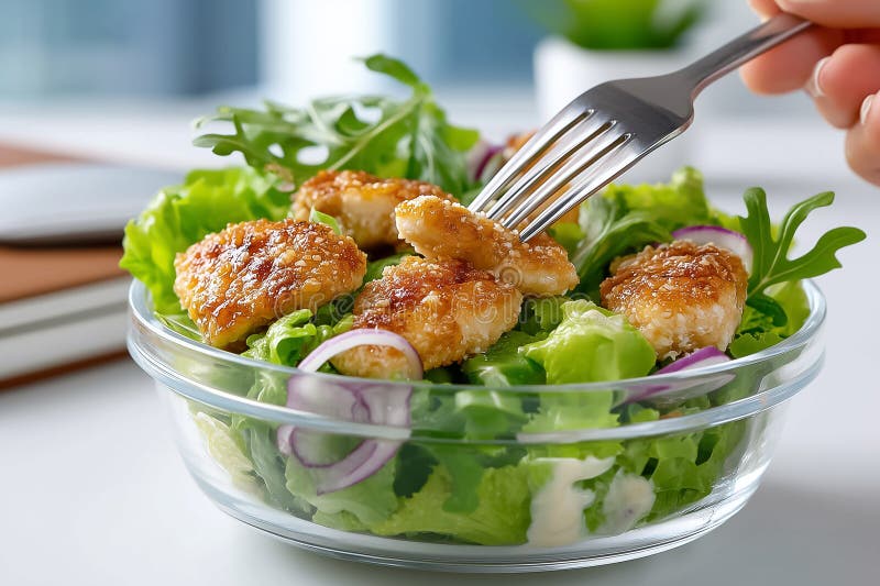 Hand Grabs Fork To Enjoy Crispy Chicken Salad in Clear Container ...