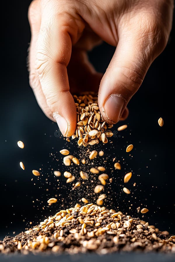 A Hand Gracefully Pours Sesame Seeds Over a Large Mound, with Seeds ...