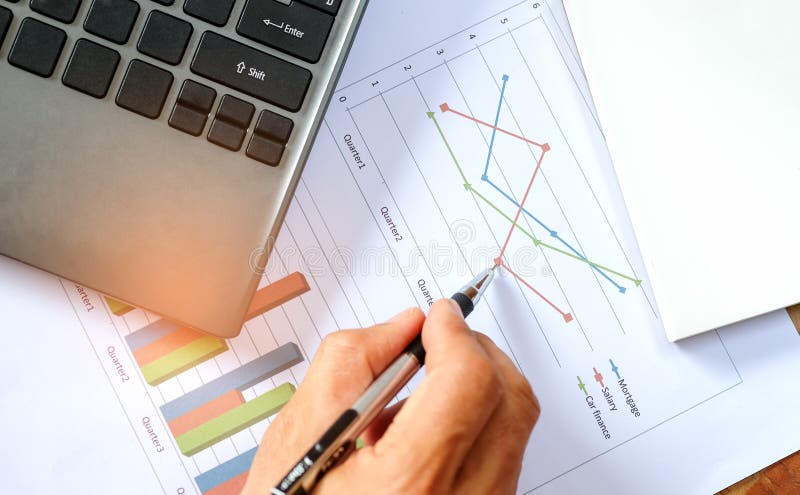 Hand on Graph To Analyze the Data with Laptop Computer. Stock Image ...