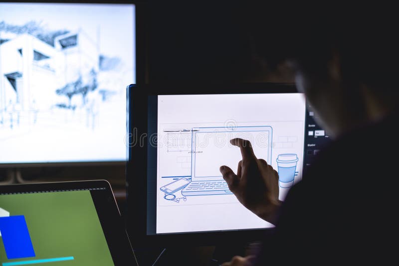 Hand of Graphic Designer Making a Sketch Using Touch Screen Pane Stock ...