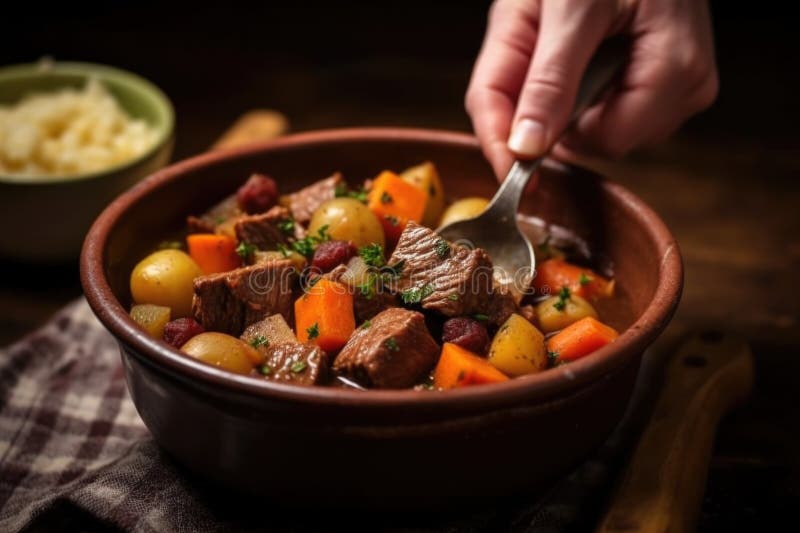 Hand Grasping Spoonful of Beef Stew Stock Photo - Image of hearty ...