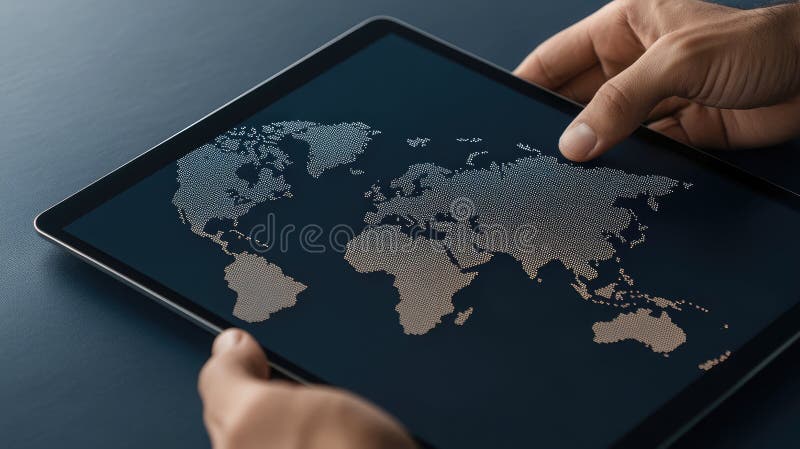 A Hand is Grasping a Tablet Featuring a World Map Illuminated Against a ...