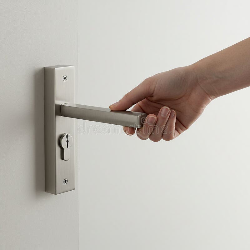 A Hand Grasps a Modern Silver Door Handle. the Handle is Straight and ...
