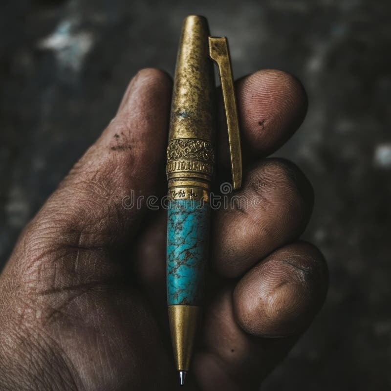 A Hand Grasps a Pen with a Green Pattern, Set Against a Blurred ...