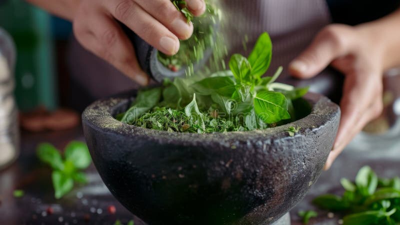 Hand Grinding Fresh Herbs in a Black Mortar Stock Image - Image of ...
