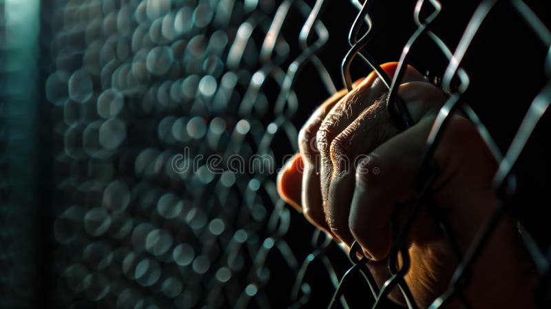Hand Gripping Chain-link Fence in Dramatic Lighting, Symbolizing ...