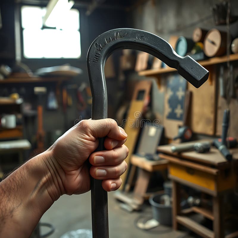 A Hand Gripping a Large Steel Crowbar with a Background of a Dimly Lit ...