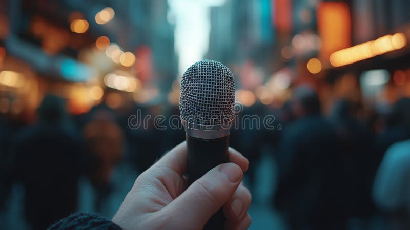 Hand Gripping Microphone during Dynamic Street Performance Interview ...