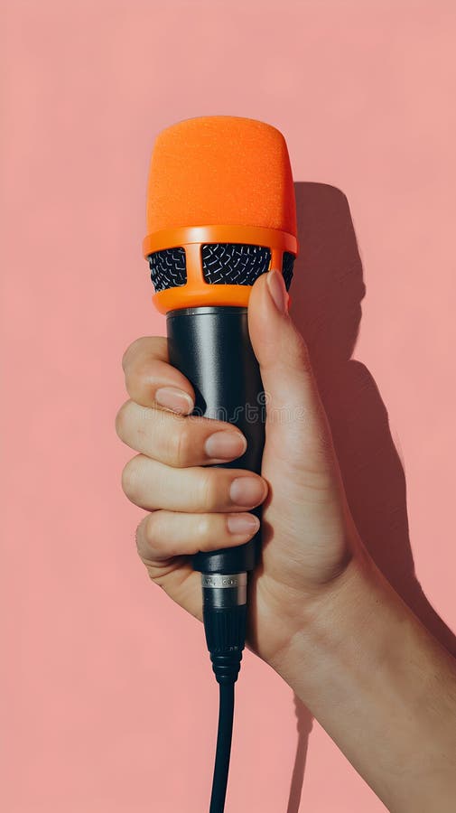 Hand Gripping Orange Microphone Dynamic Sophistication on Soft Pink ...