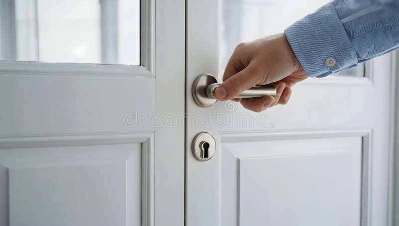 A Hand Gripping a Silver Handle on a White Door with a Window Stock ...