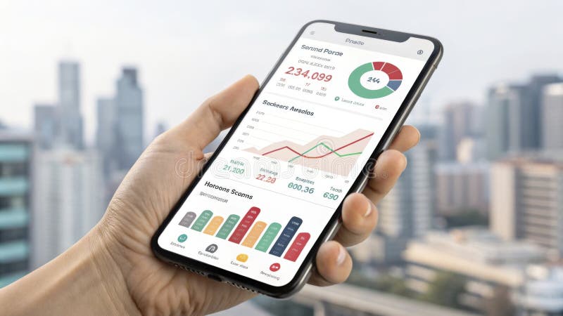 Hand Holding Mobile Phone Displaying Business Performance Graph and Pie ...