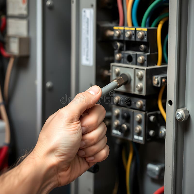 A Hand Gripping a Torque Wrench Tightening a Bolt on an Electrical ...