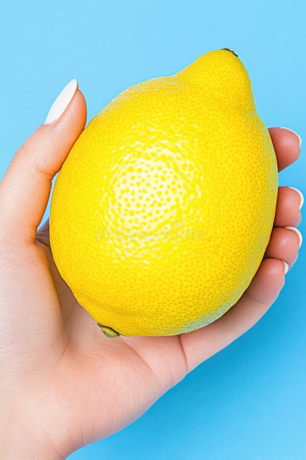 Bright Yellow Lemon Held in Hand Against a Vivid Blue Backdrop ...