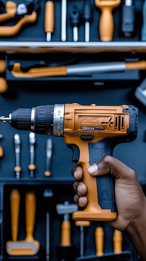 A Hand Grips a Drill in a Bright, Organized Workspace Filled with ...