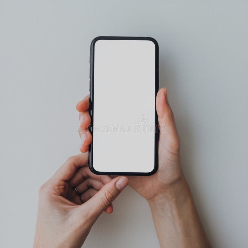 Hand Grips Smartphone, Black Frame on White Screen, Plain Background ...