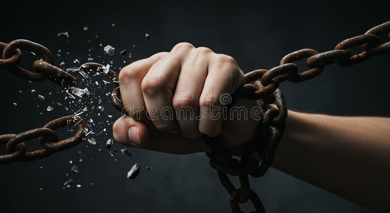 A Hand Grips a Thick, Rusty Chain with Force, Causing it To Break and Send Shards Fl Stock ...