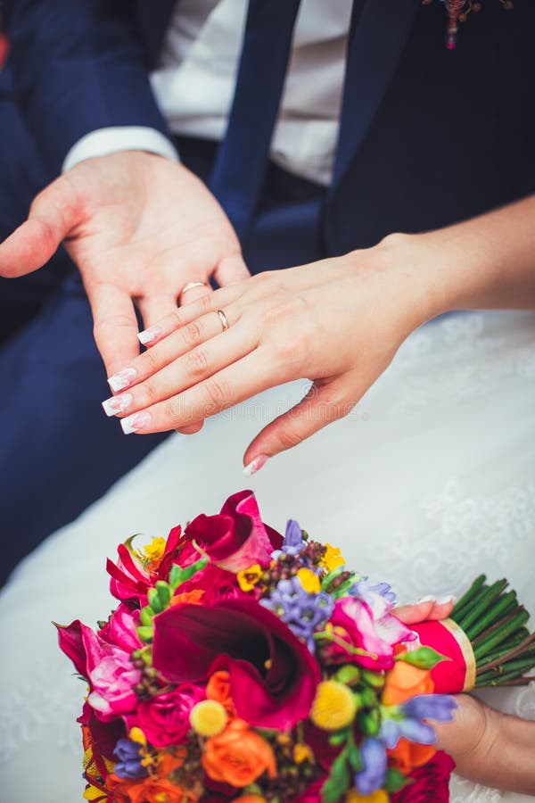 Hand of the Groom and the Bride with Wedding Rings Stock Photo - Image ...