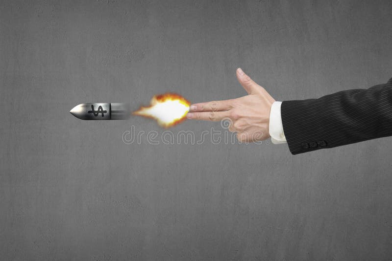 Hand Gun Gesture with Fire, Bullet and Money Symbol Stock Photo - Image ...
